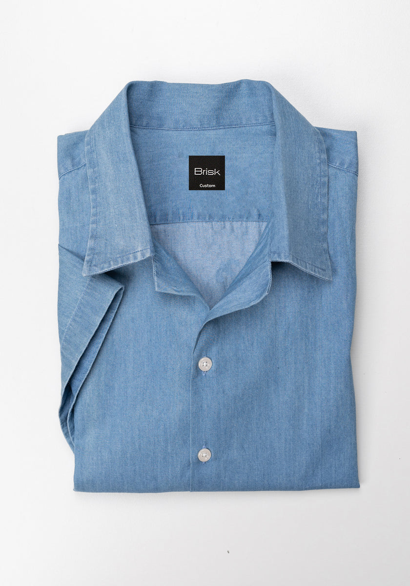 Summer Denim Light Wash Shirt - Half Sleeves Camp Collar – Brisk ...